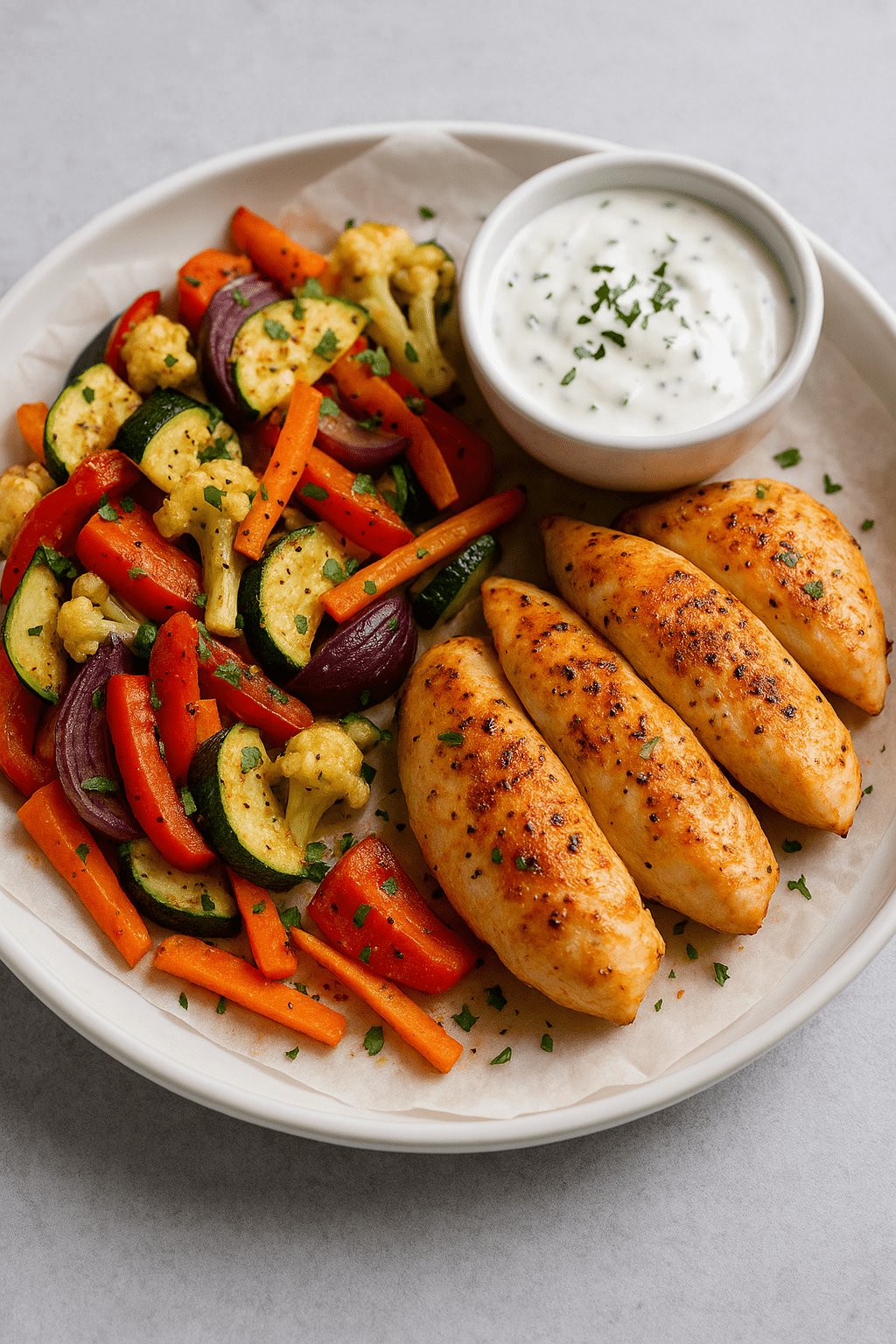 Rețetă dietetică: Piept de pui la cuptor cu legume și dressing de iaurt ...